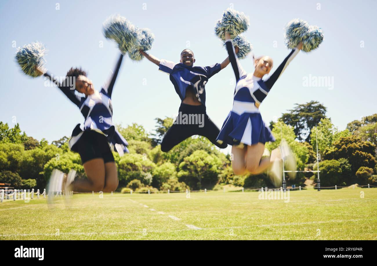 Cheerleader team, smile and people jump for performance on field ...