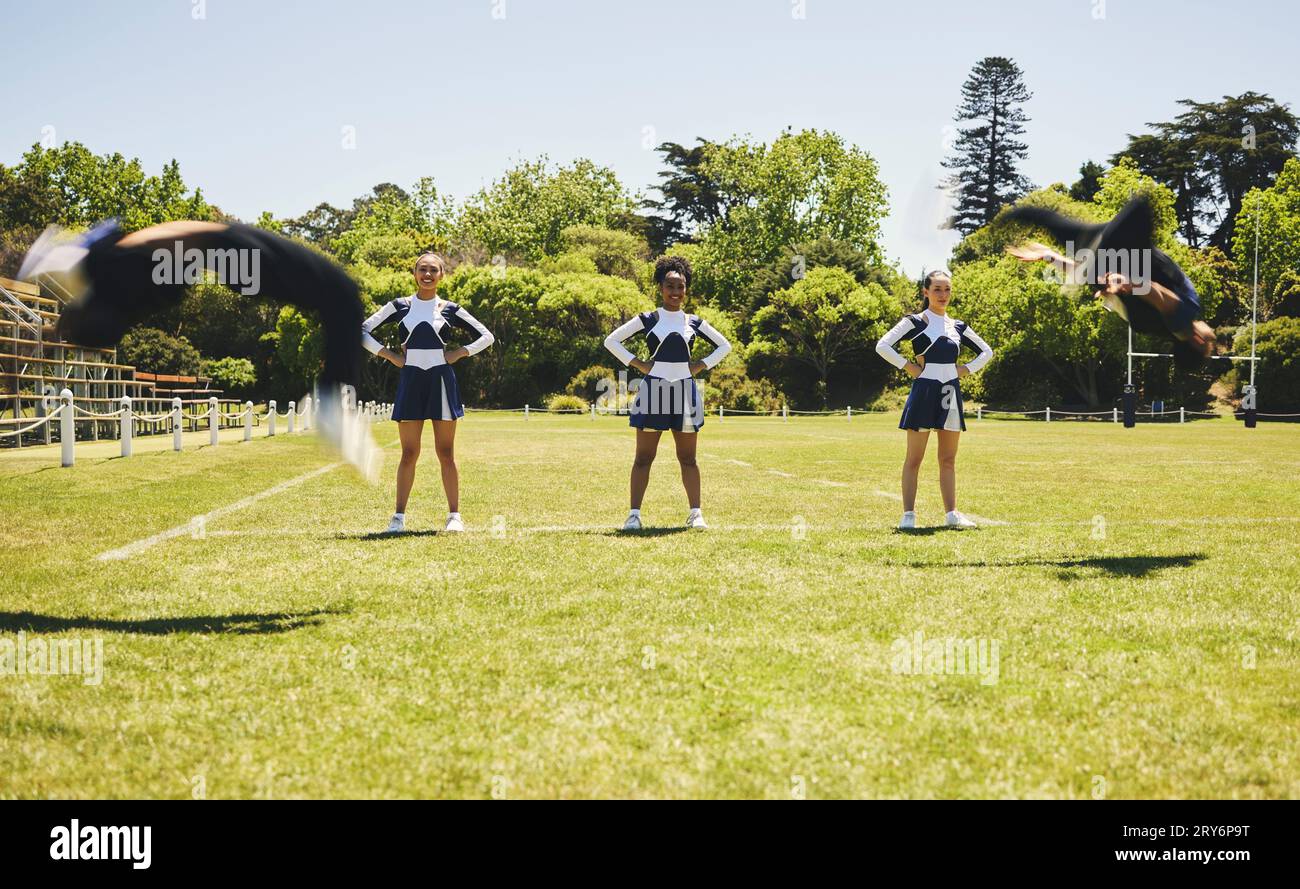 Cheerleader team, practise or sports field for exercise, routine and ...