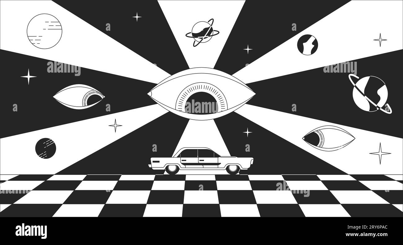 Psychedelic road trip black and white 2D illustration concept Stock ...