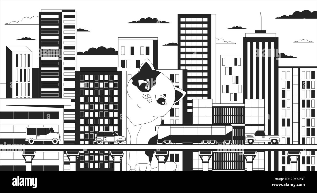 Giant cat watching over city black and white 2D illustration concept ...