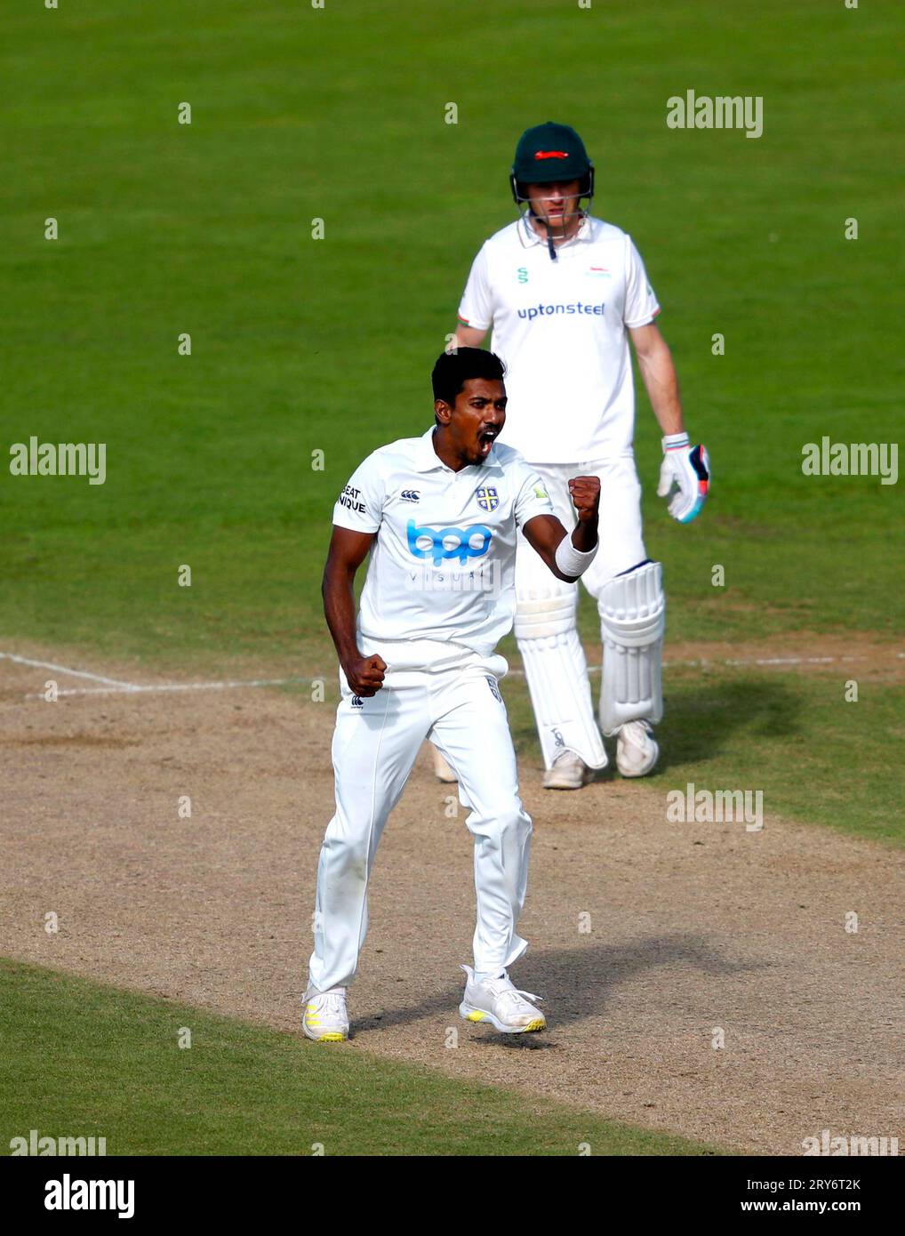 Durham's Vishwa Fernando celebrates taking the wicket of Leicestershire ...
