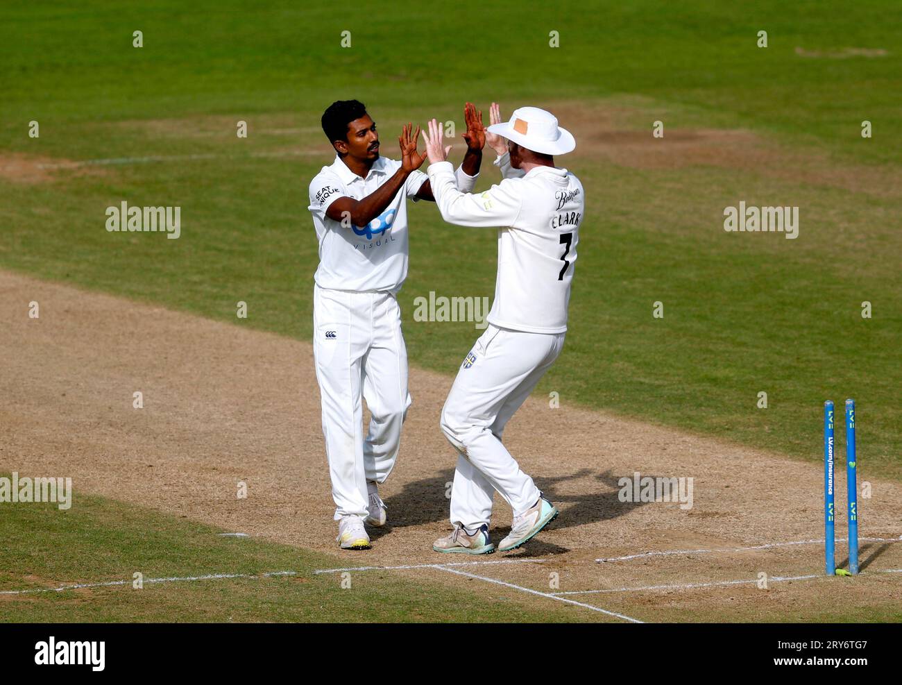 Durham's Vishwa Fernando celebrates taking the wicket of Leicestershire ...