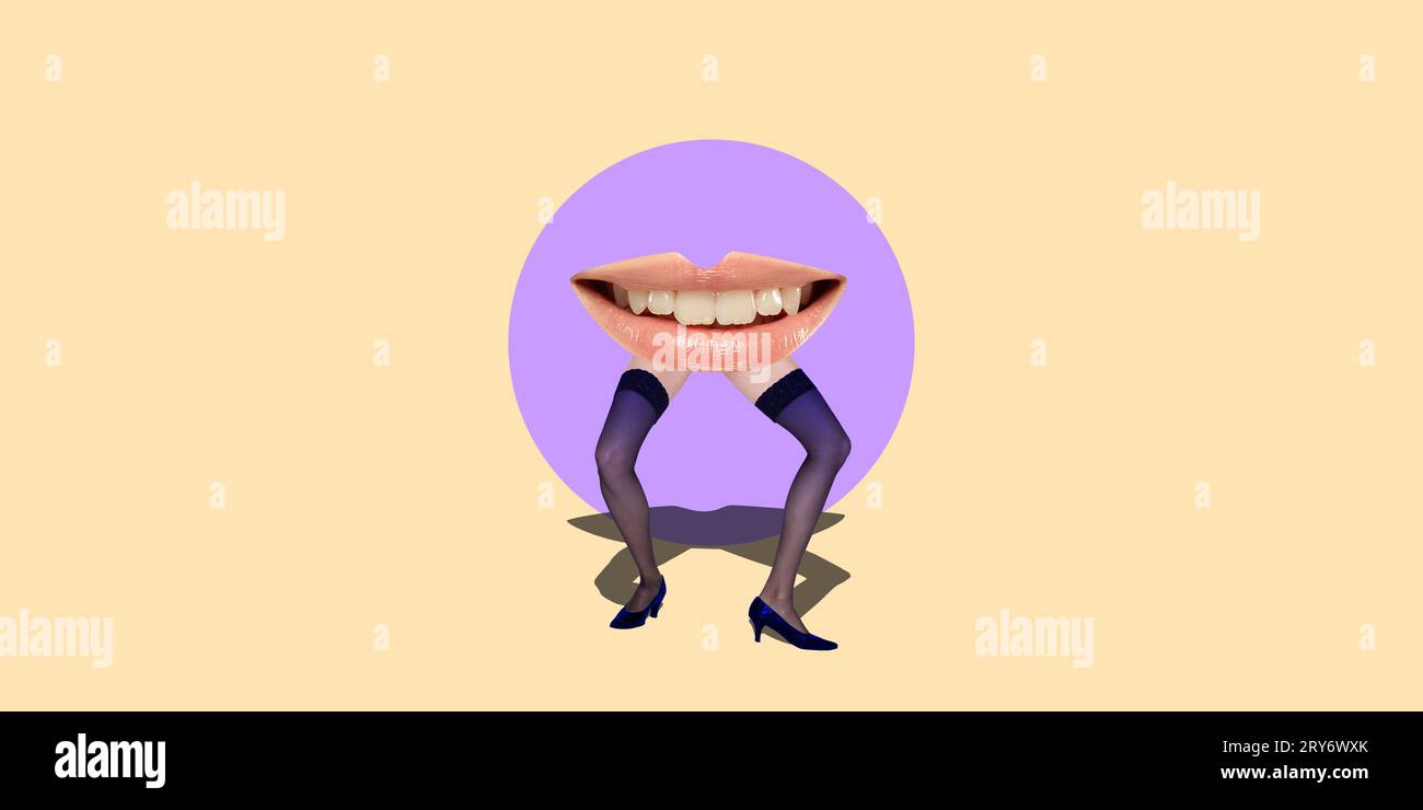 Smile. Female legs in tights and heels with female smiling mouth over ...