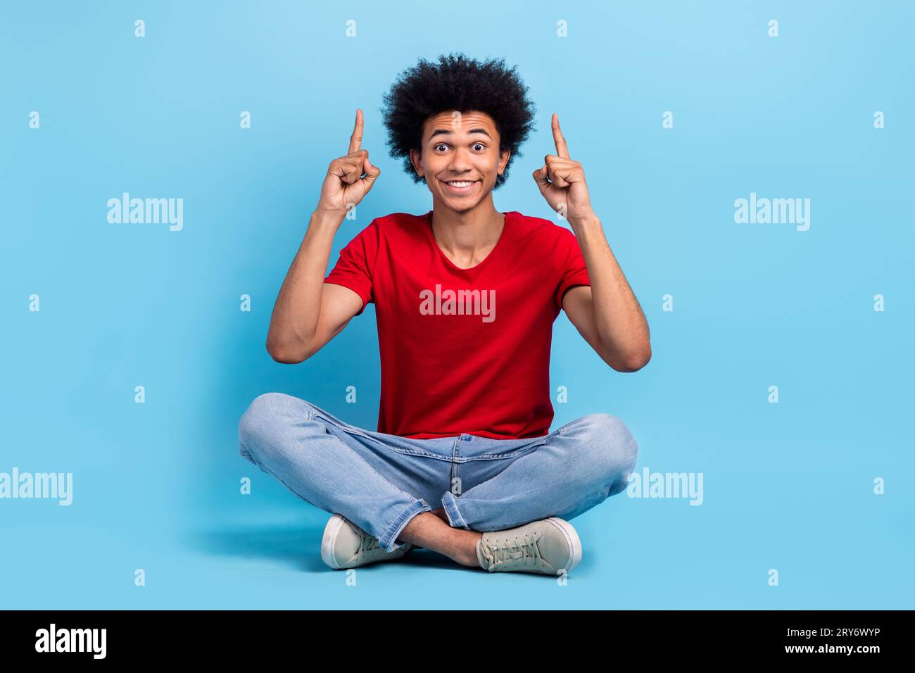 Full body photo of impressed funky guy chevelure positive student ...