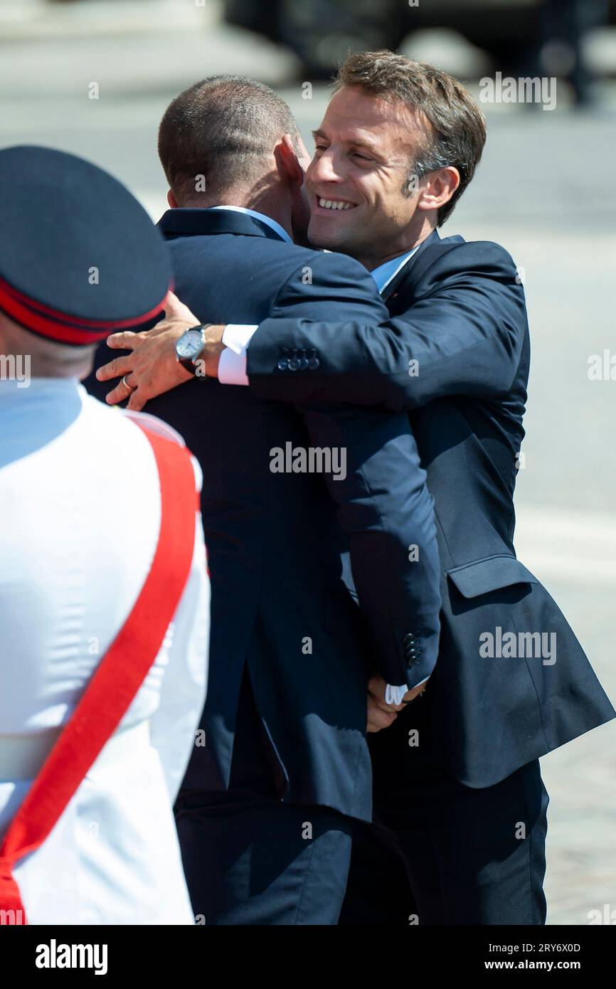 France President Emmanuel Macron hugs with Malta's Prime Minister ...