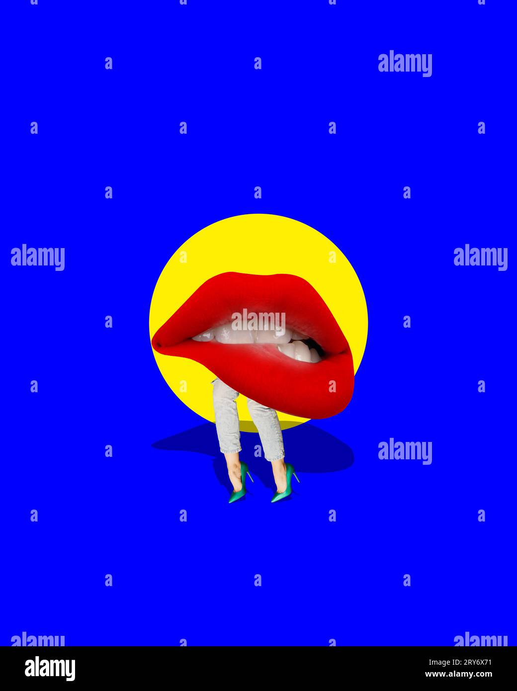 Tender female lips with red lipsticks, legs in pant and heels over blue ...