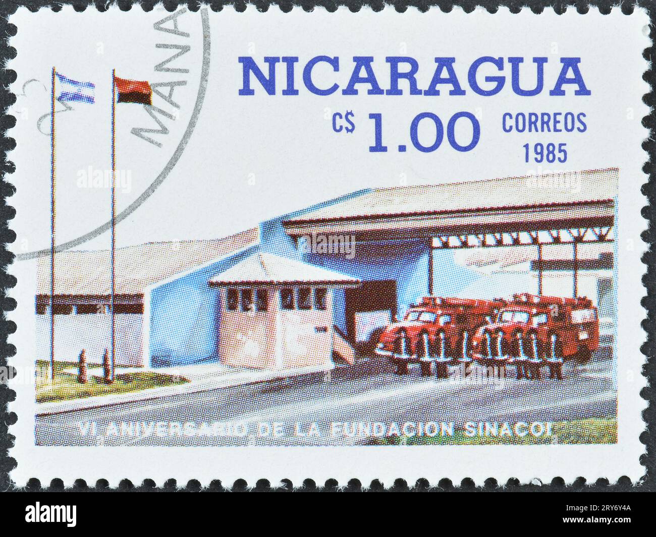Cancelled postage stamp printed by Nicaragua, that shows Fire Station ...