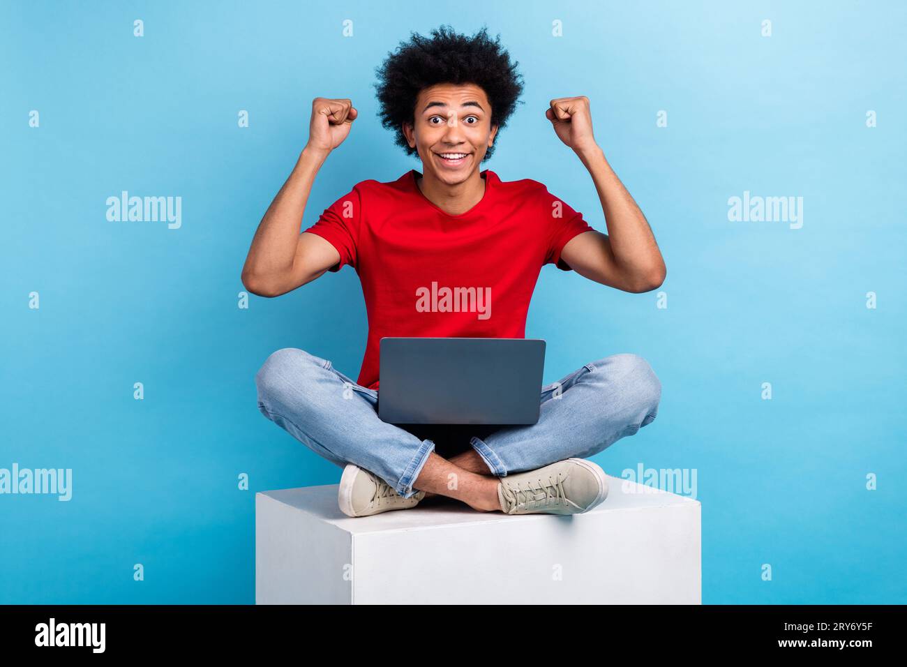 Full body photo of youngster addicted player guy fists up gambling ...