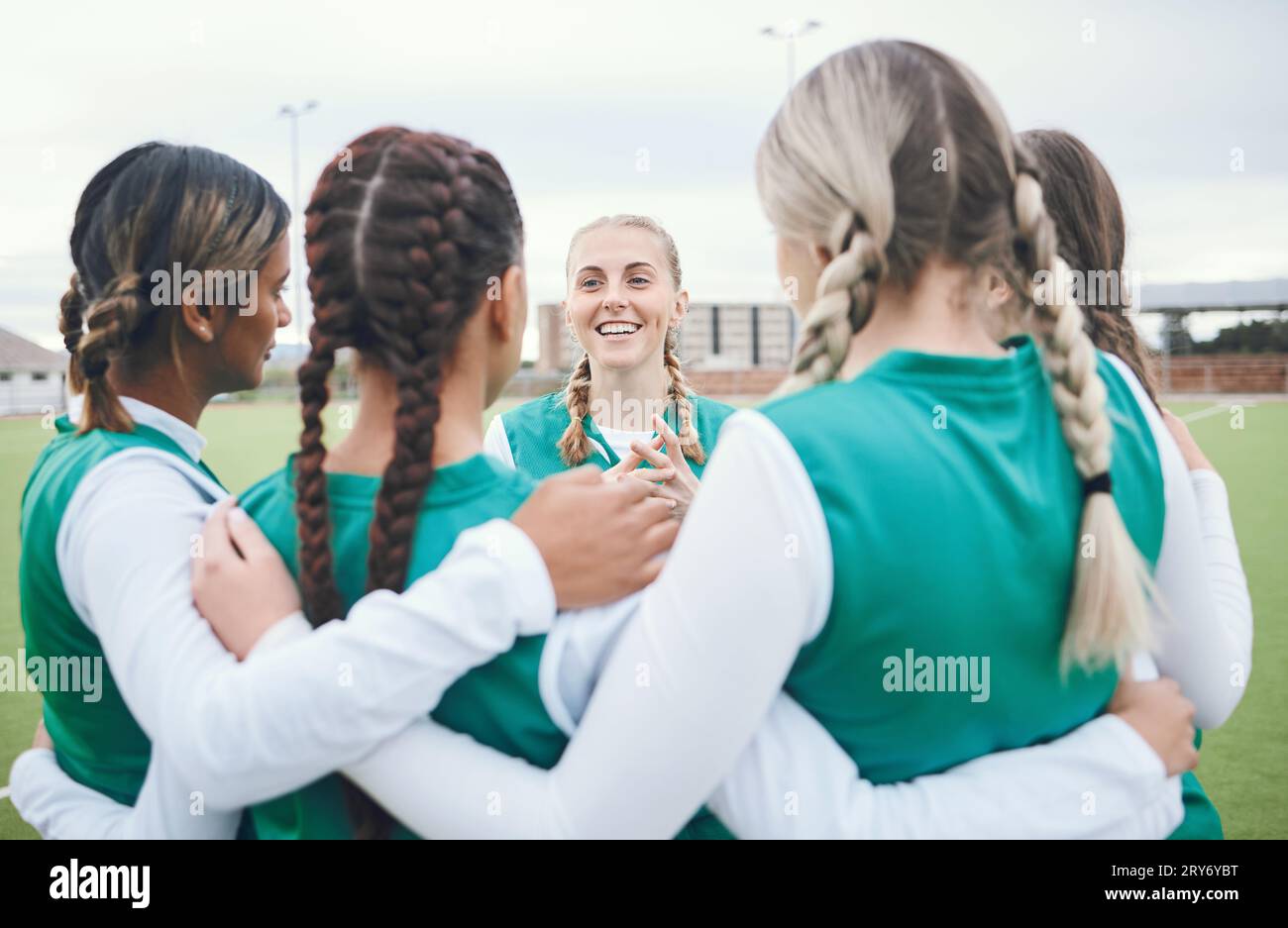 Sport, women and group in circle for team building, solidarity and ...