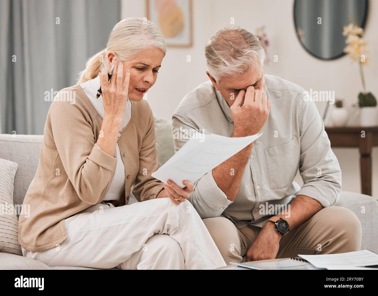 Married, couple and together with documents in frustration for finances ...