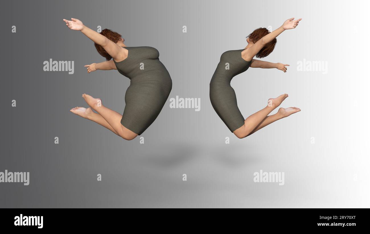 Conceptual fat overweight obese female vs slim fit healthy body after ...