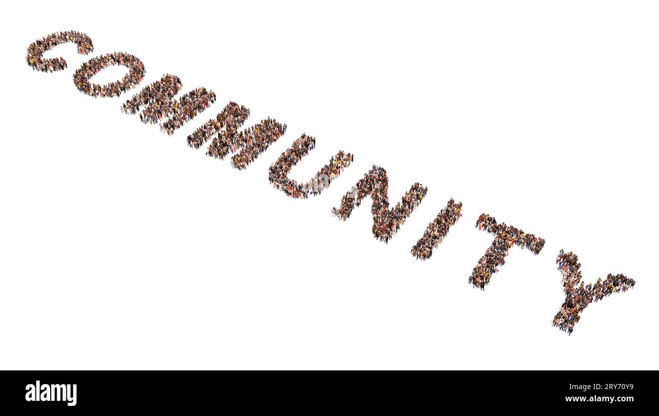 Concept conceptual large community of people forming COMMUNITY word. 3d ...