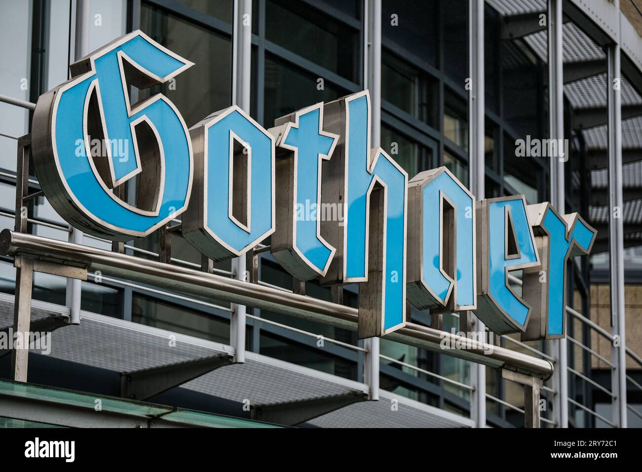 Cologne, Germany. 29th Sep, 2023. A logo hangs over the headquarters of ...