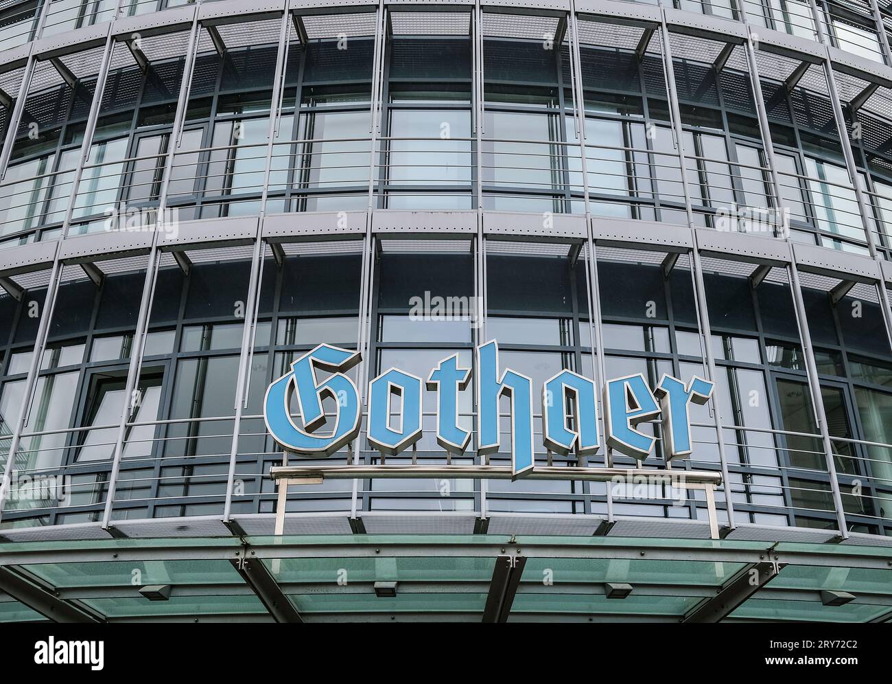 Cologne, Germany. 29th Sep, 2023. A logo hangs over the headquarters of ...