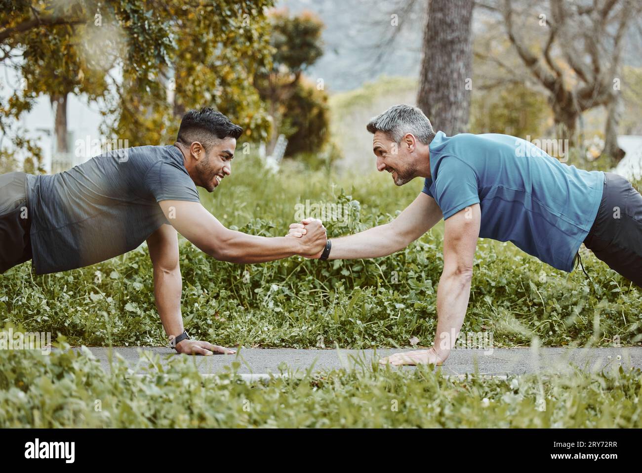 Fitness, nature and men doing push up in team for arm strength or ...