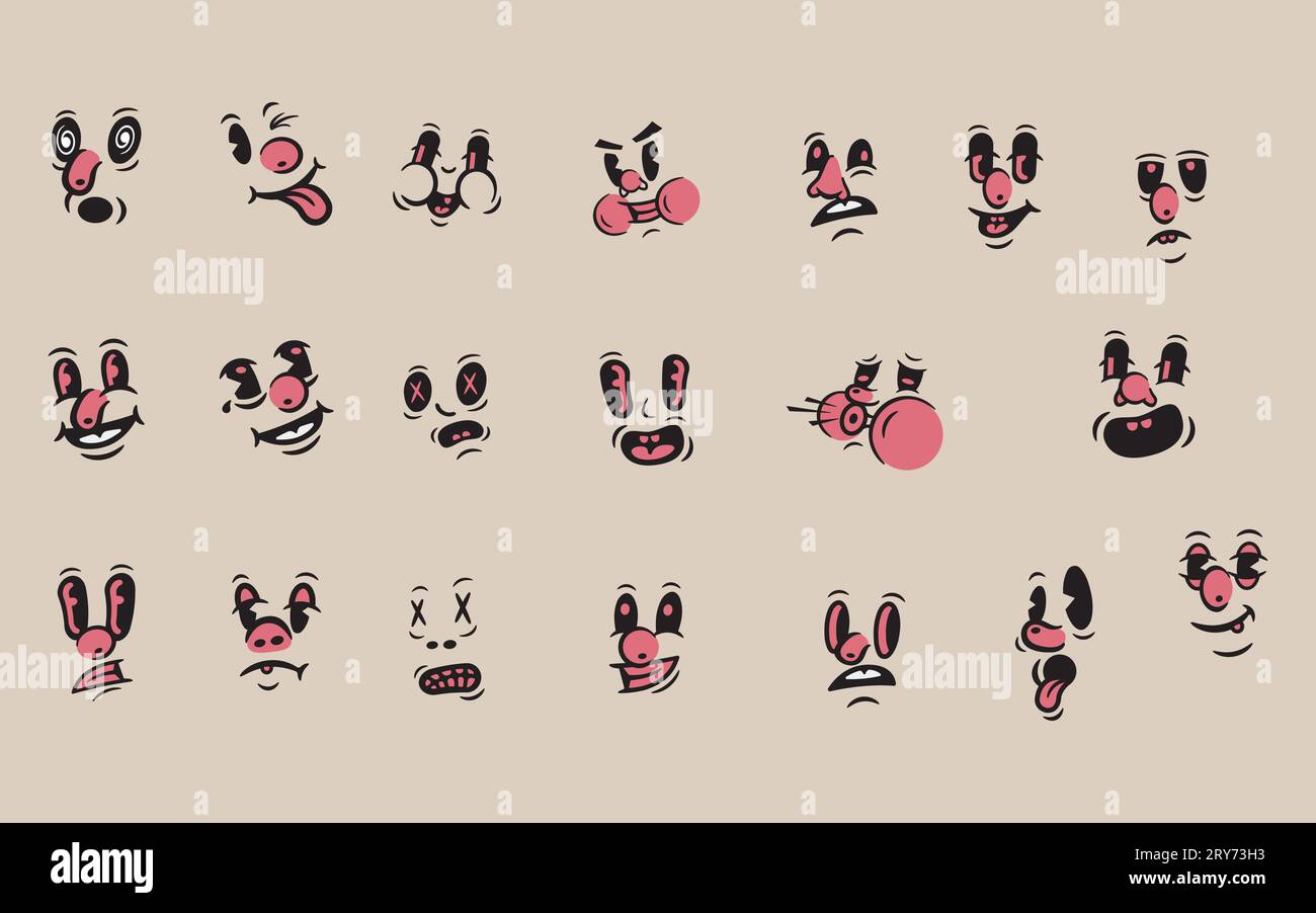 Retro Cartoon Comics Characters Funny Faces Vector Set 30s 50s 60s