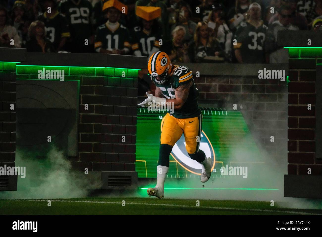 Green Bay Packers' Isaiah McDuffie is introduced before an NFL football ...