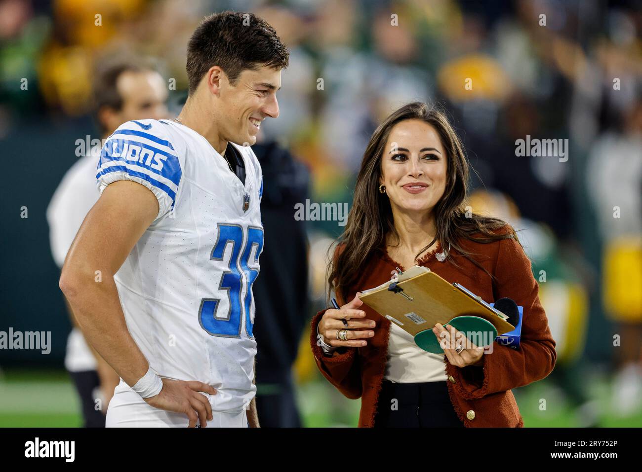 Detroit Lions place kicker Riley Patterson (36) is interviewed by ...