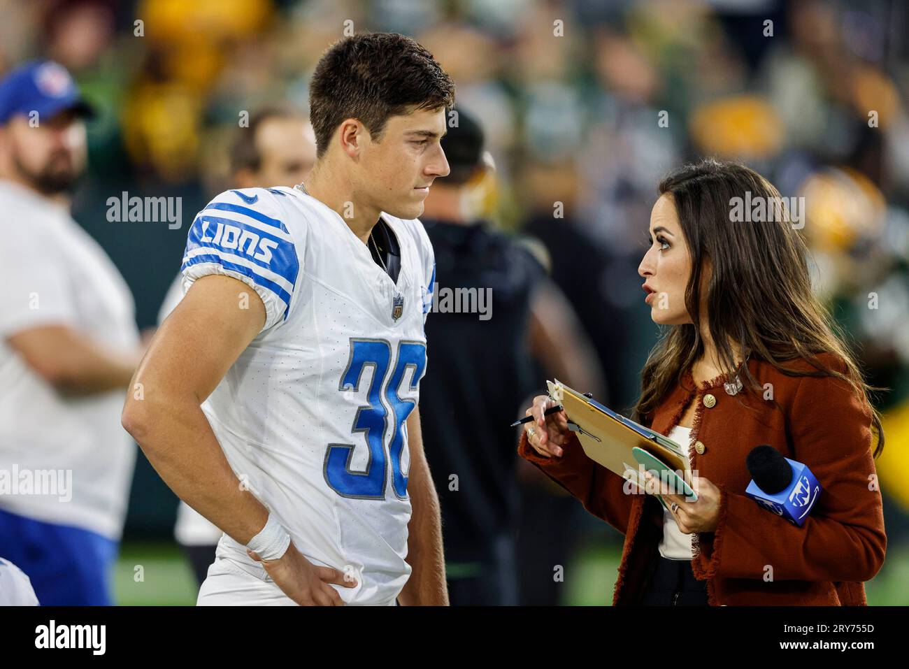 Detroit Lions place kicker Riley Patterson (36) is interviewed by ...