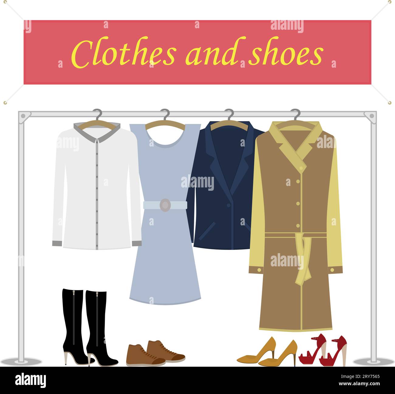 Women's clothes hanging on hangers and metal rack with shoes set Stock ...