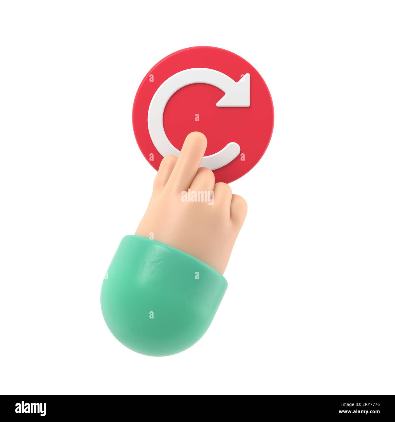 Reboot concept. Restarting technology. Hand to push big red button. 3d ...