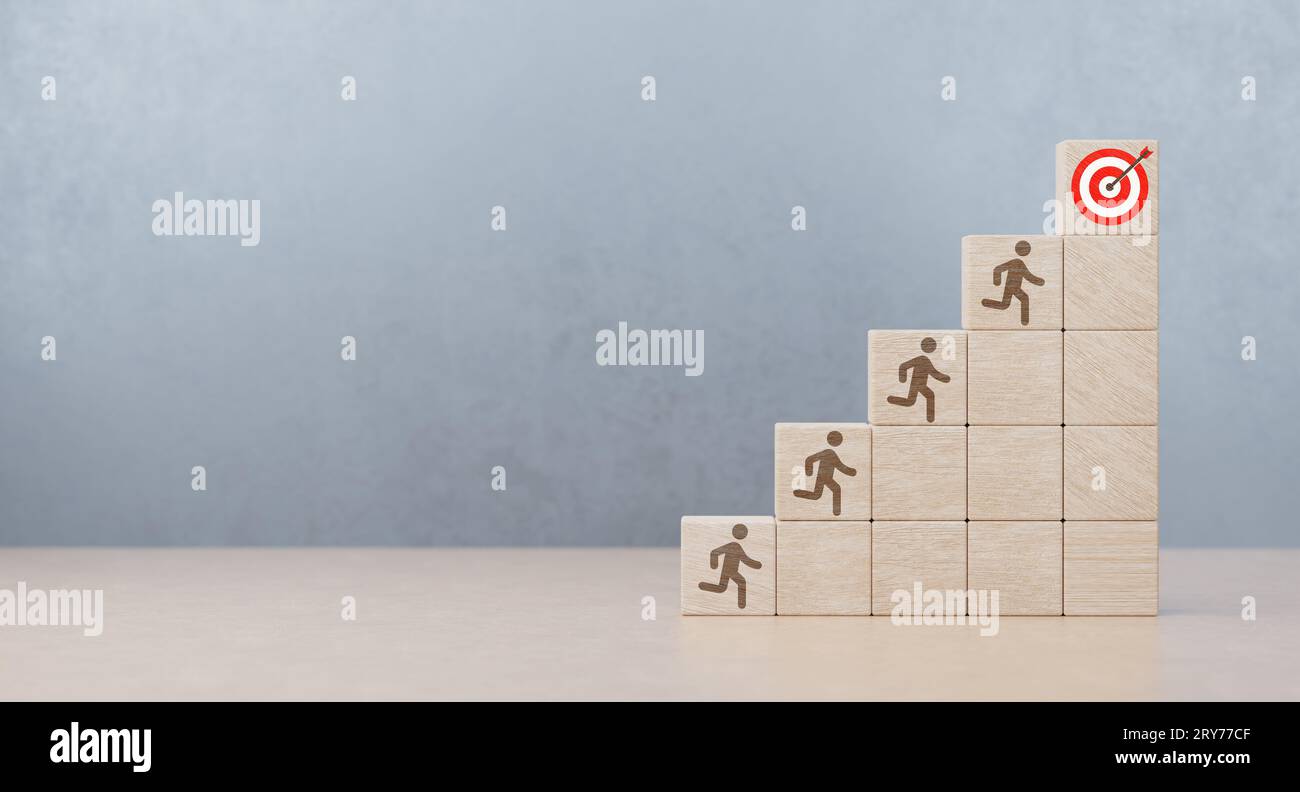 Movement to goal, ladder of success. target goal and silhouette man on ...