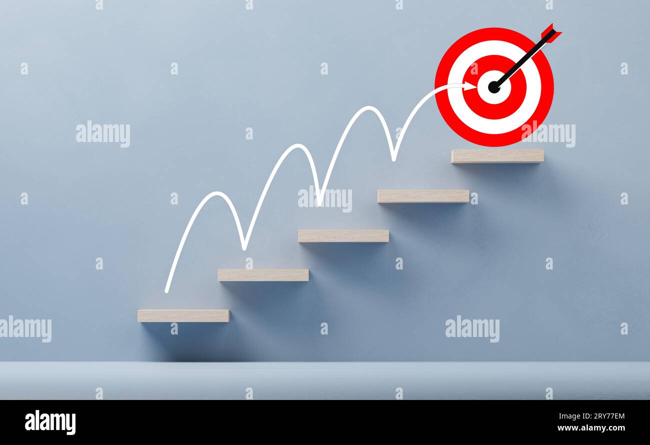 Business goal achievement step by step. Wooden blocks show work process ...