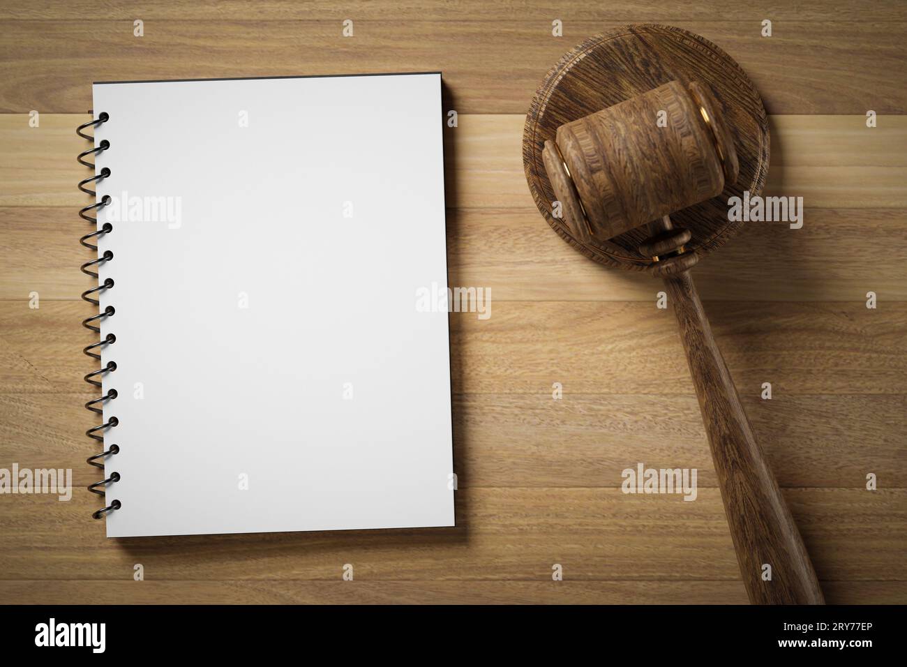 judge's notes. Judge desk with judge's hammer and blank white notepad ...