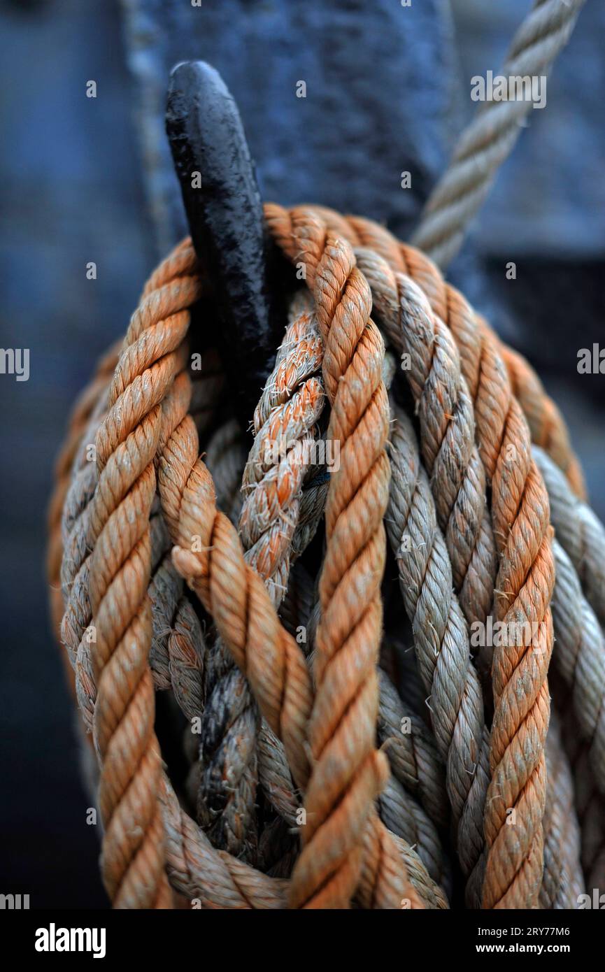 coil of synthetic rope on cleat on vintage fishing trawler lowestoft ...