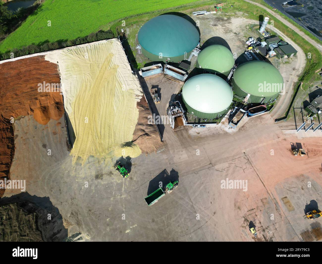 Herefordshire UK - Aerial view of farm anaerobic digester system tanks ...