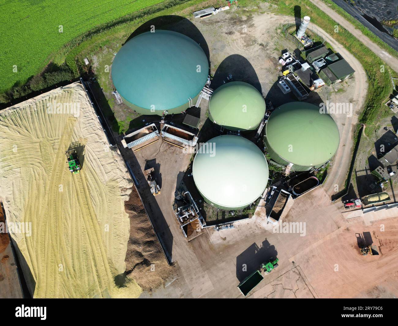Herefordshire UK - Aerial view of farm anaerobic digester system tanks ...