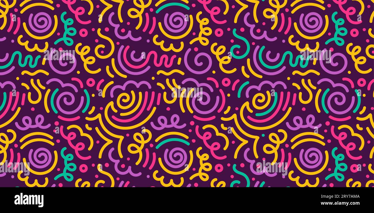 Fun bright colorful squiggle print. doodle seamless pattern. Cute ...