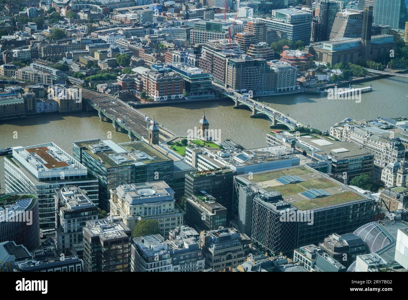 An aerial view of The Thames in London showing Cannon Street station ...