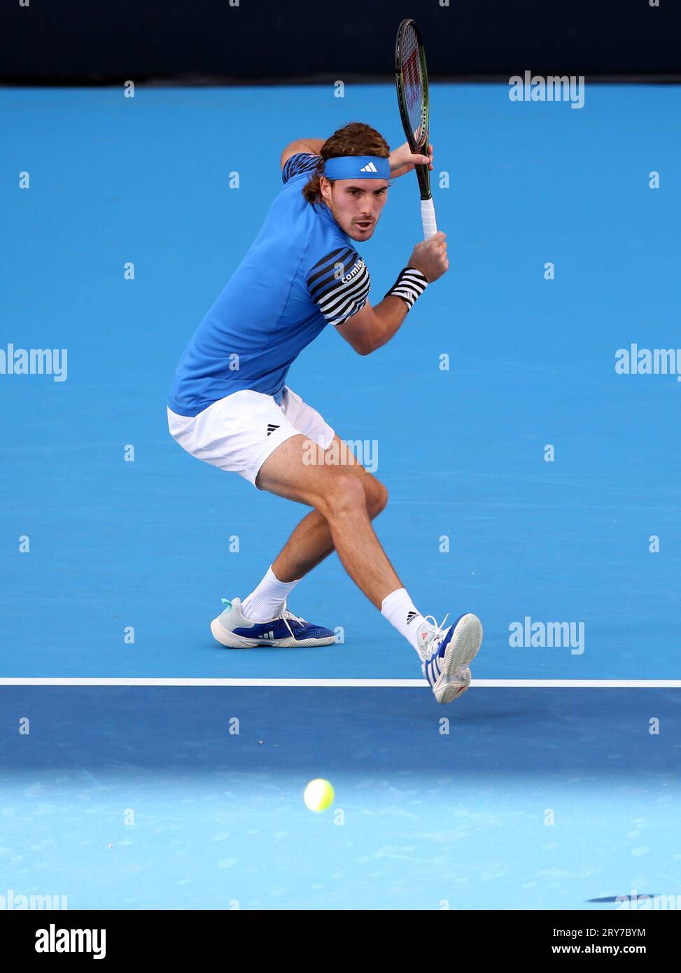 Beijing, China. 29th Sep, 2023. Greece's Stefanos Tsitsipas hits a ...