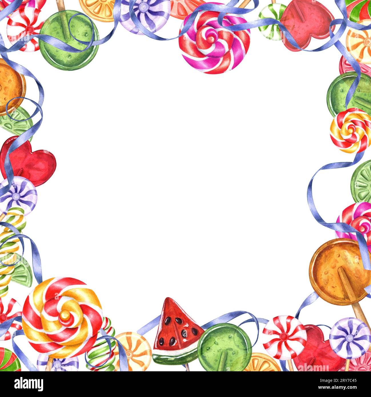 Square frame with mix colorful lollipops and ribbons. Spiral lollipop ...