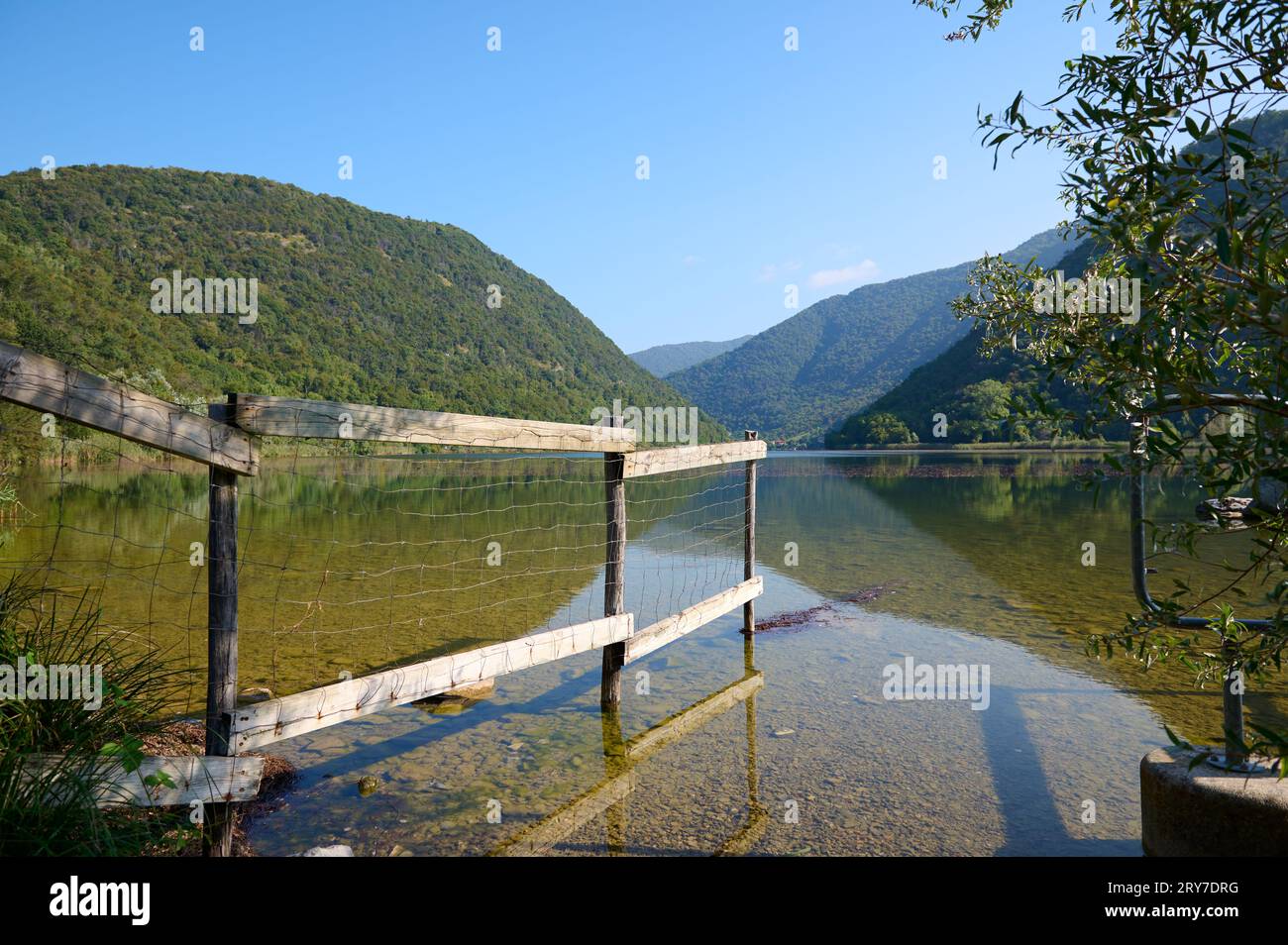 Panoramic lake Lago di Segrino against huge mountain background, in ...