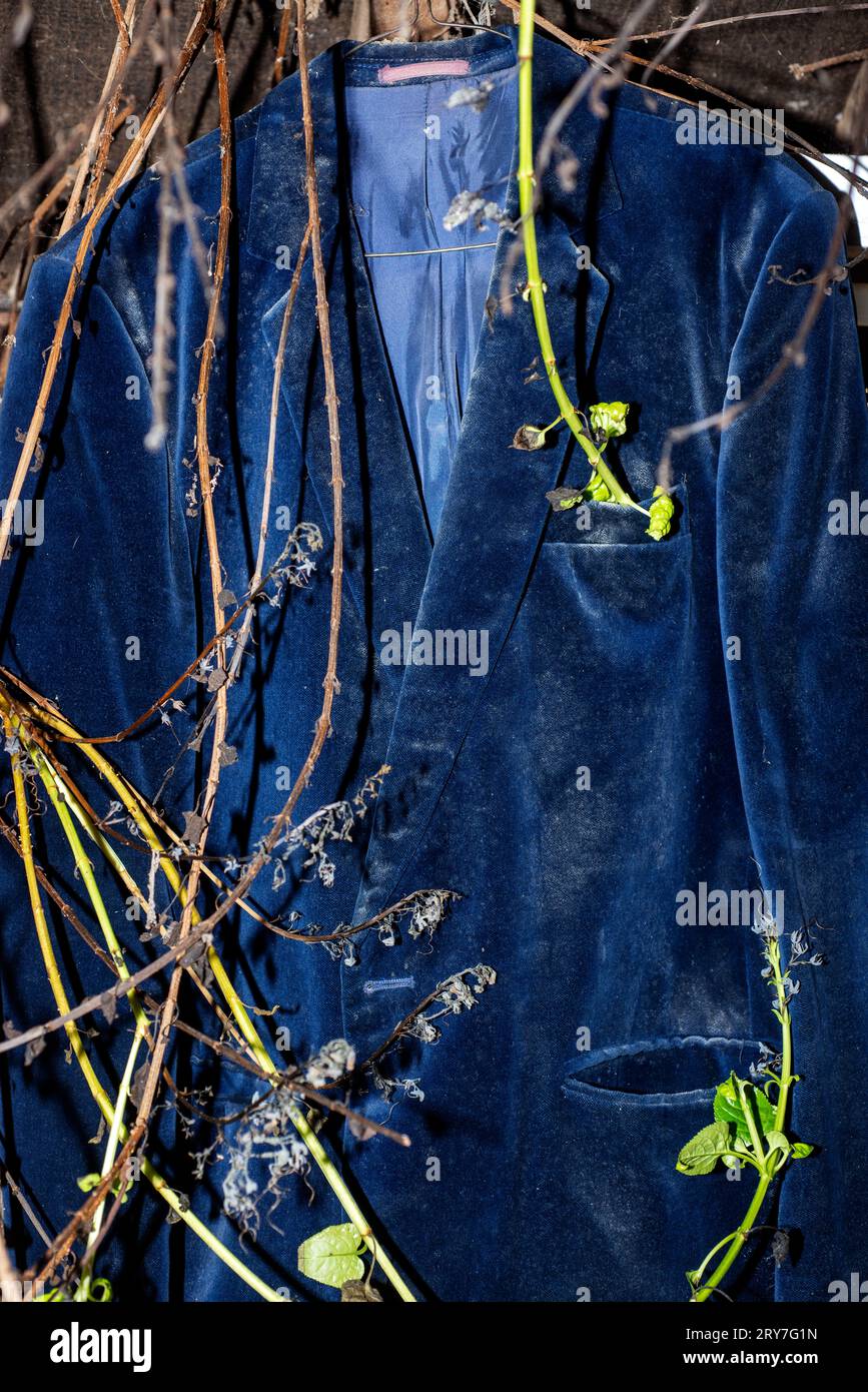 Velvet jacket hanging in a house with damage to the roof Stock Photo ...