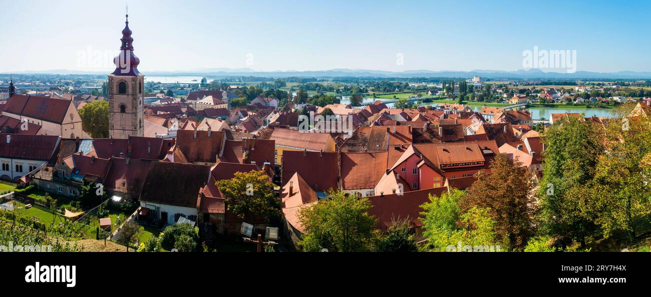 The view on the city, Town Tower and beckward Lake Ptuj and Drava River ...