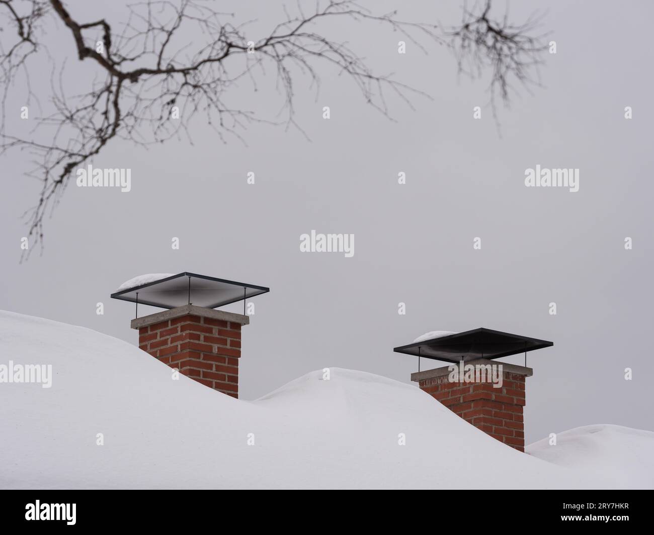 Two chimney tops on a snowy roof with a tree branch above Stock Photo - Alamy