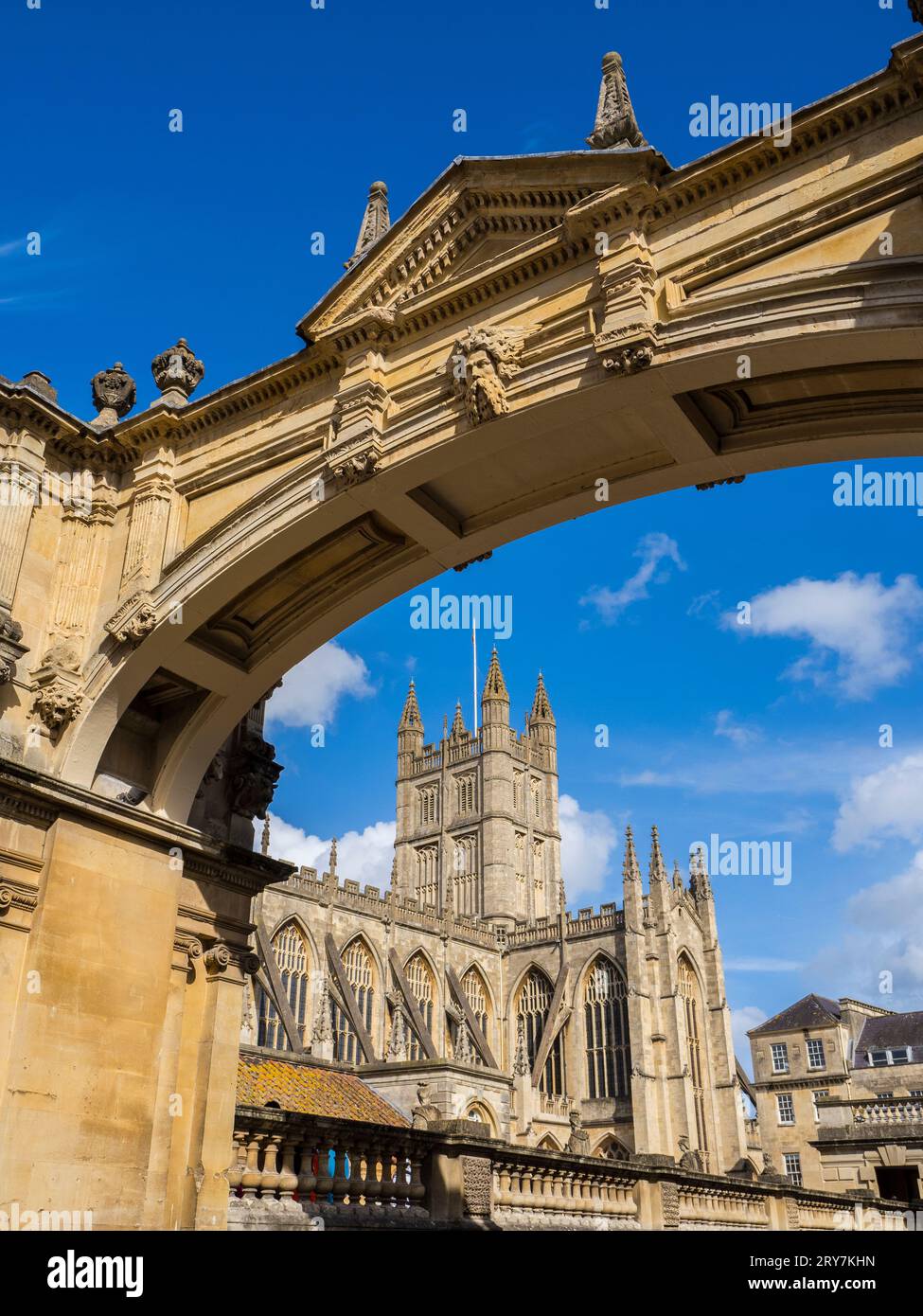 Archway of the Roman Baths, with view of Bath Abbey, Bath, Somerset, England, UK, GB Stock Photo ...