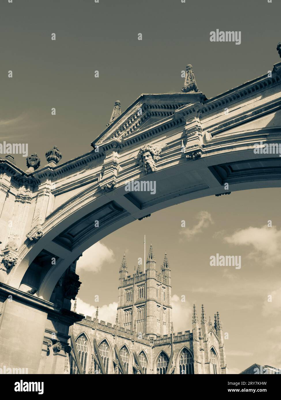 B&W, Archway of the Roman Baths, with view of Bath Abbey, Bath ...