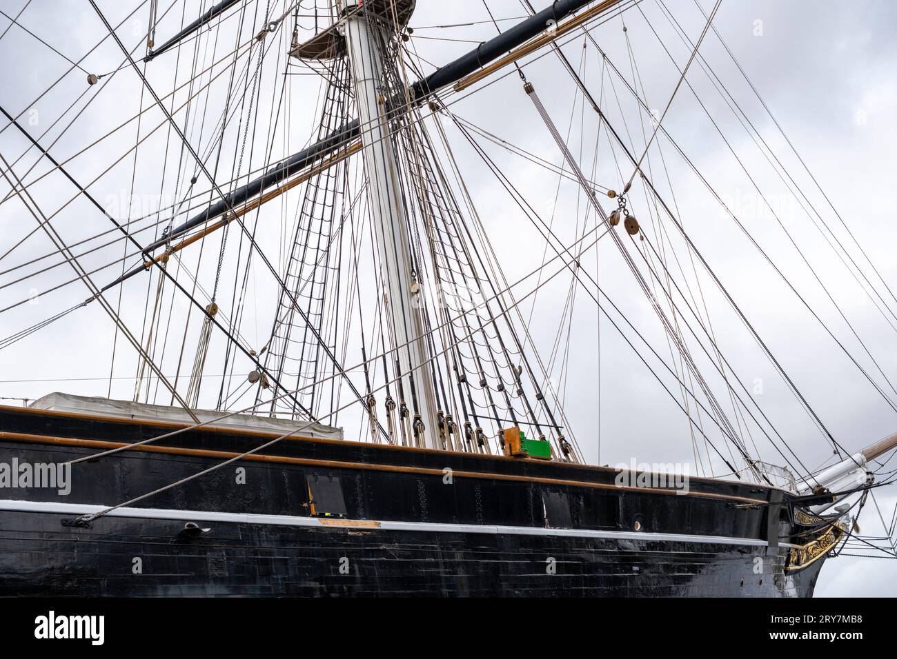 Detail of the bow of the Cutty Sark tea clipper tall ship museum in dry ...