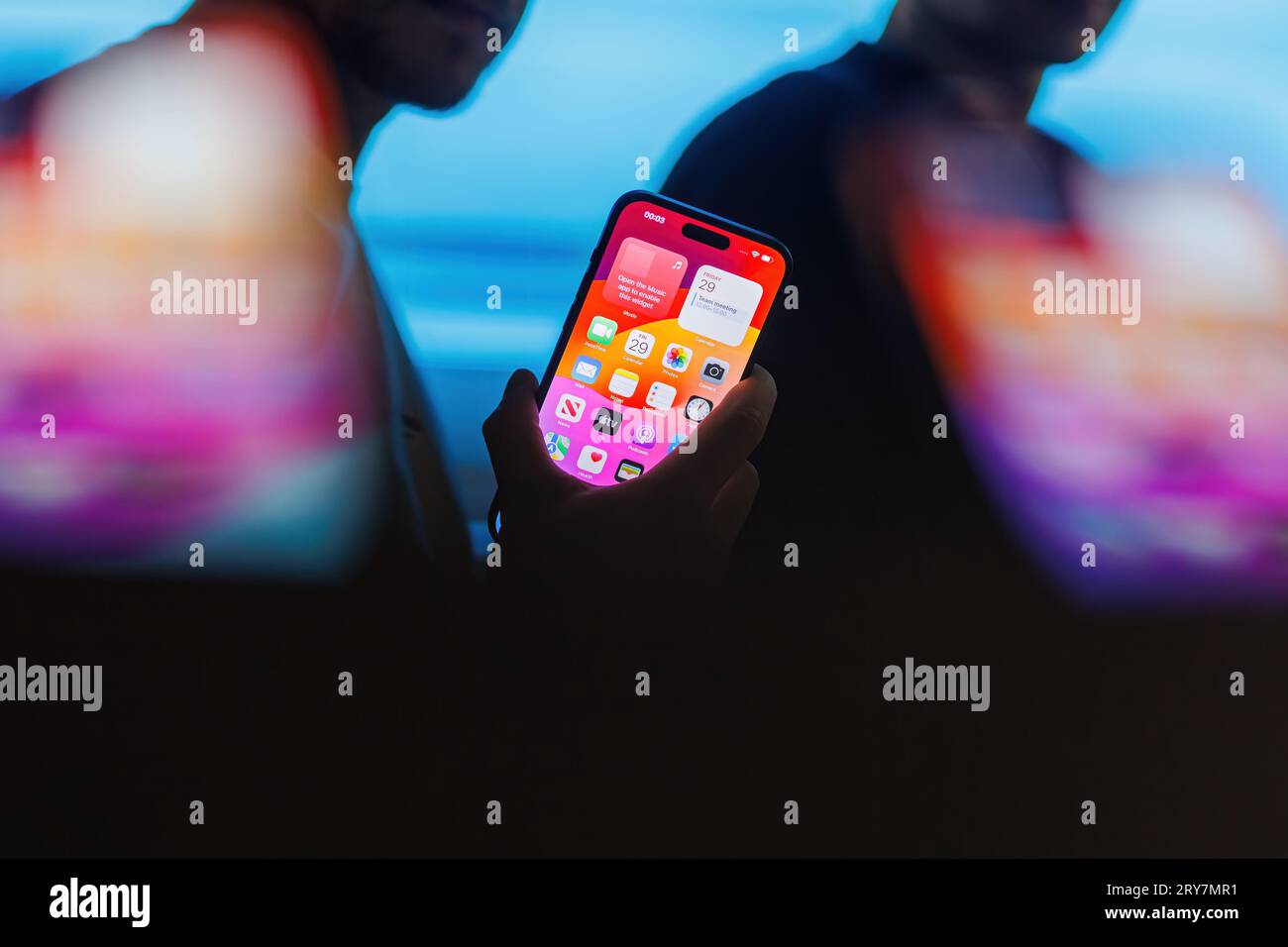 Vilnius, Lithuania - 2023 September 29: Iphone Pro 15 phone. Man ...