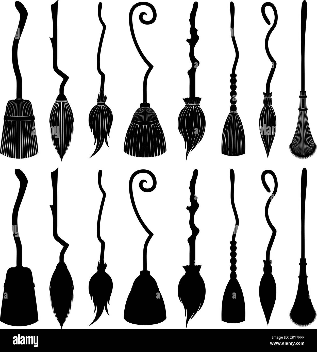 Collection of different witch brooms isolated on white Stock Vector ...