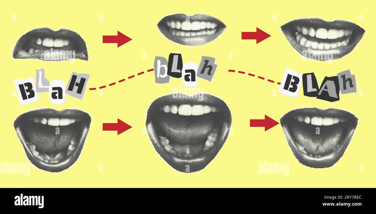 Collection collage elements. open mouth, teeth, lips and cut out text ...