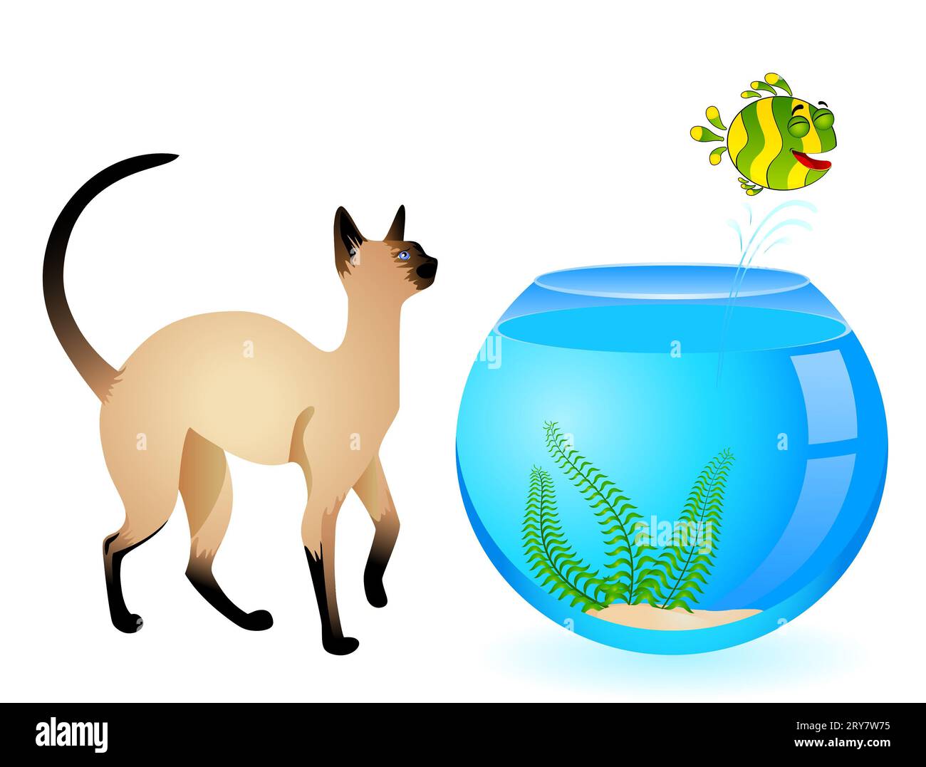 Cartoon cat with little colorful tropical fish in Stock Photo - Alamy