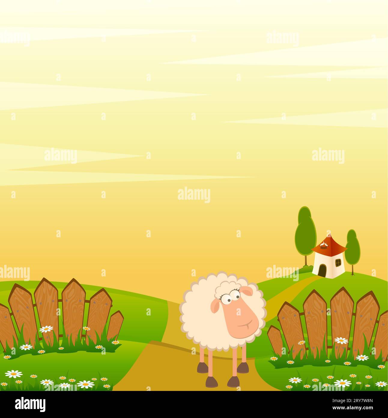 Landscape background with cartoon smiling sheep Stock Photo - Alamy
