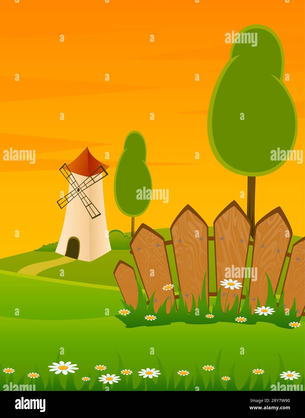 Cartoon illustration of landscape windmill buildin Stock Photo - Alamy