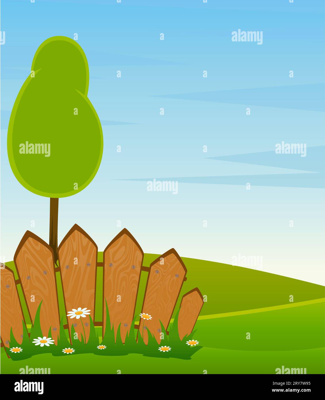 Country Landscape with Trees, Road and Fence Stock Photo - Alamy