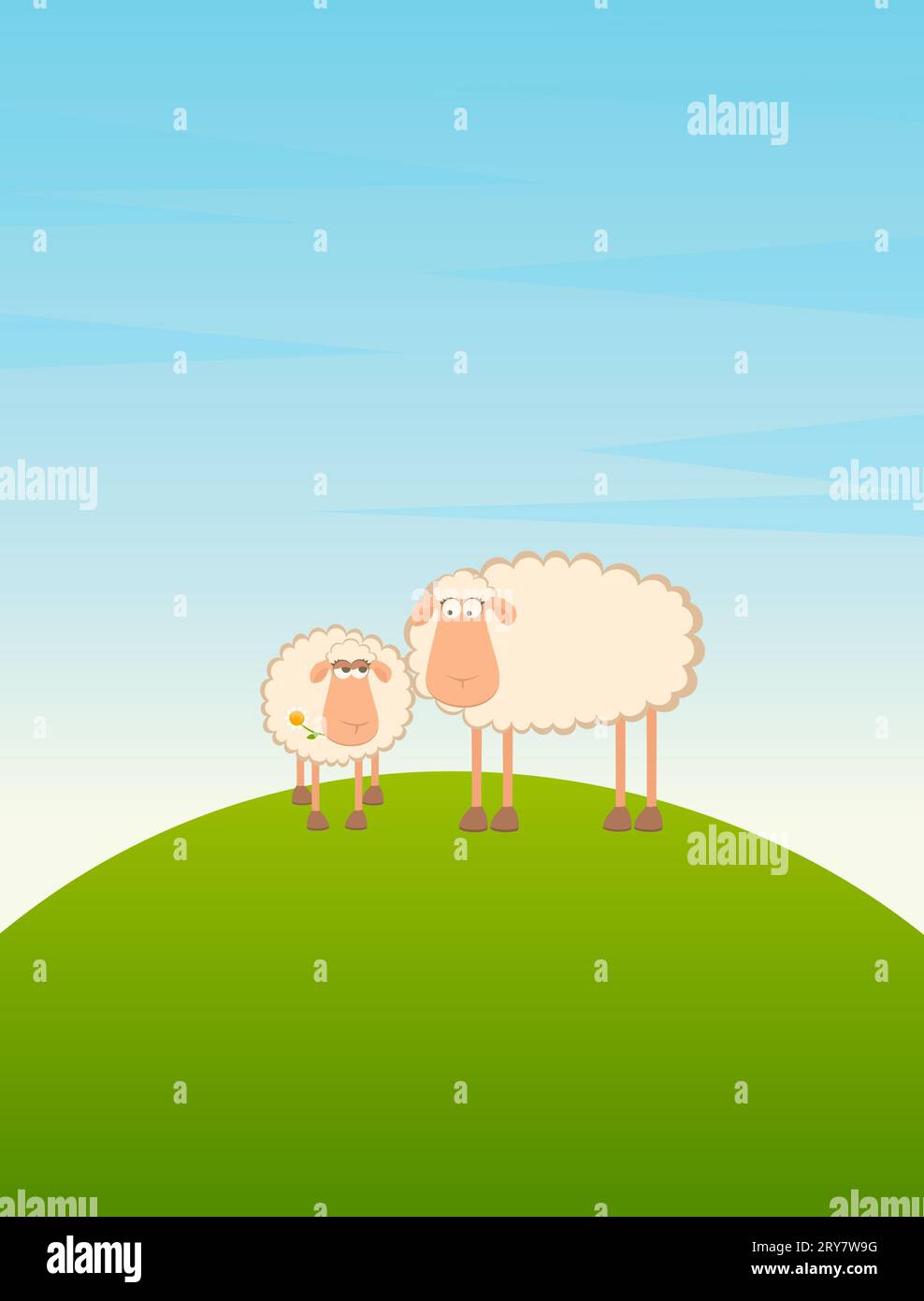 Landscape background with cartoon smiling sheep Stock Photo - Alamy